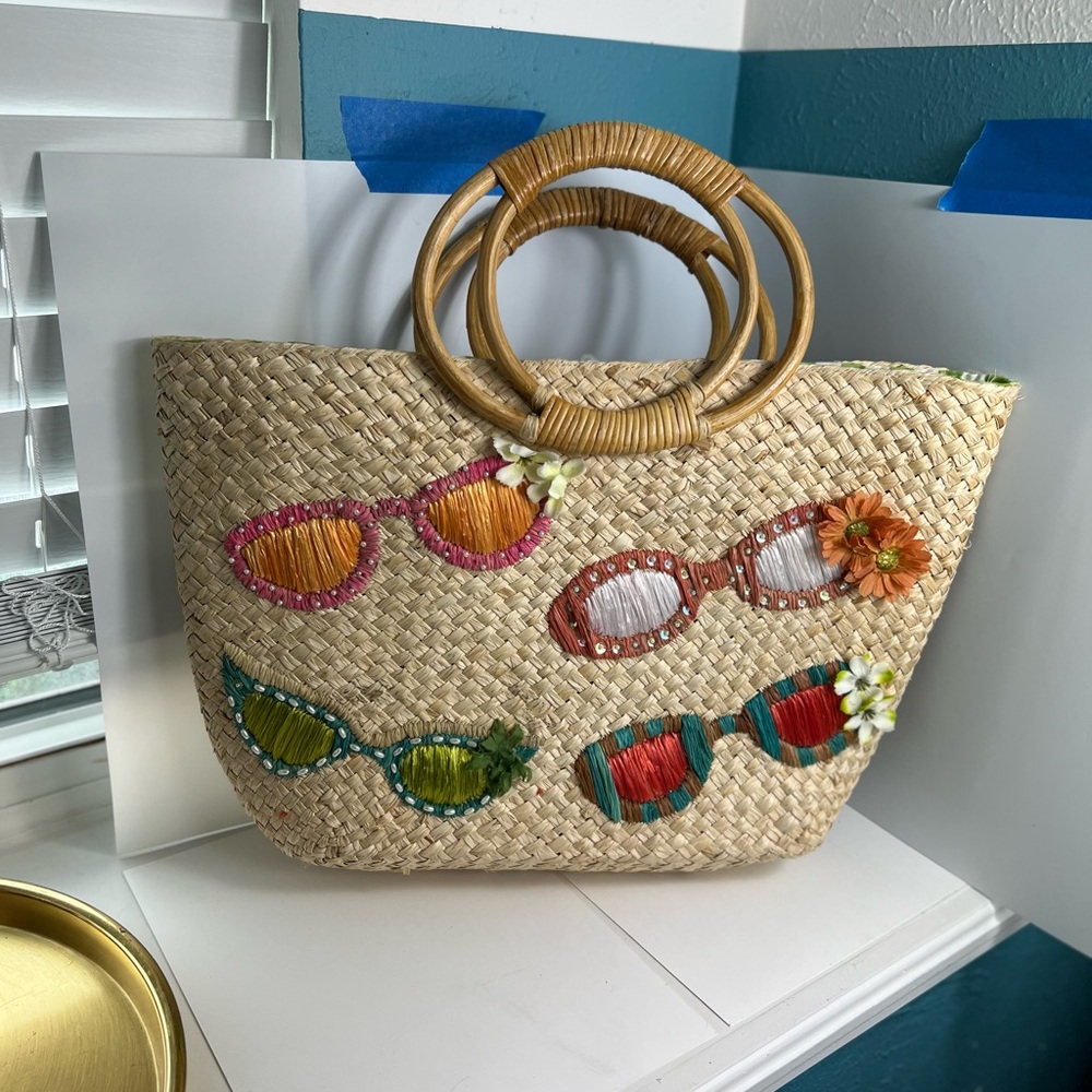 Large Vintage Rattan Straw Tote Bag With Colorful Sun… - Gem